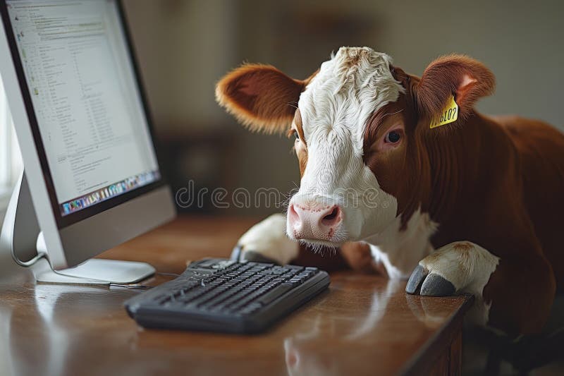 Guernsey Cow Using Desktop Computer, Showcasing the Integration of ...