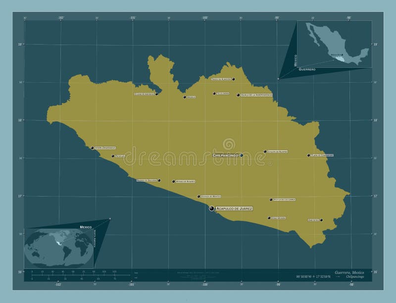 Guerrero, Mexico. Solid. Labelled Points of Cities Stock Illustration ...