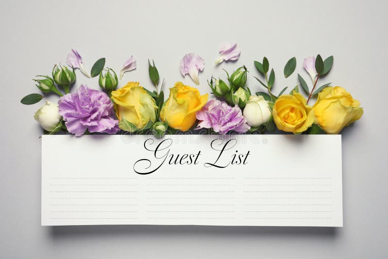Guest List and Beautiful Flowers on Light Grey Background, Flat Lay ...