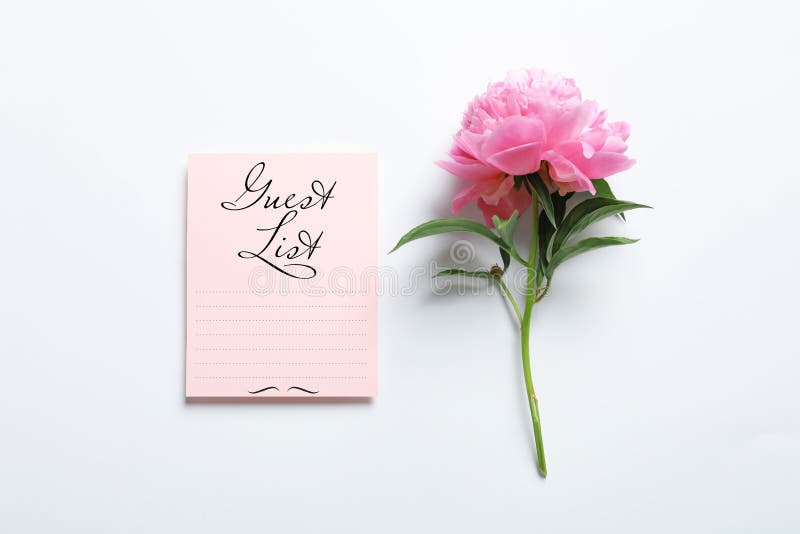 Guest List and Beautiful Peony on Background, Top View Stock Image ...