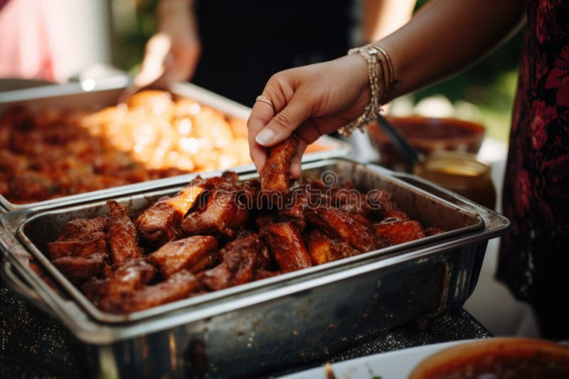 Guest Receiving a Serving of Glazed Pork Ribs at Party Stock Image ...