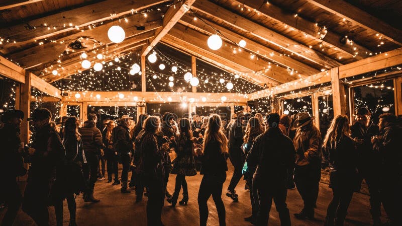 Guests Dance in a Barn Decorated with String Lights, Creating a Festive ...
