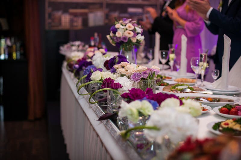 Elegantly Catered Wedding Reception Hall with Red Ribbons on Lux Stock ...