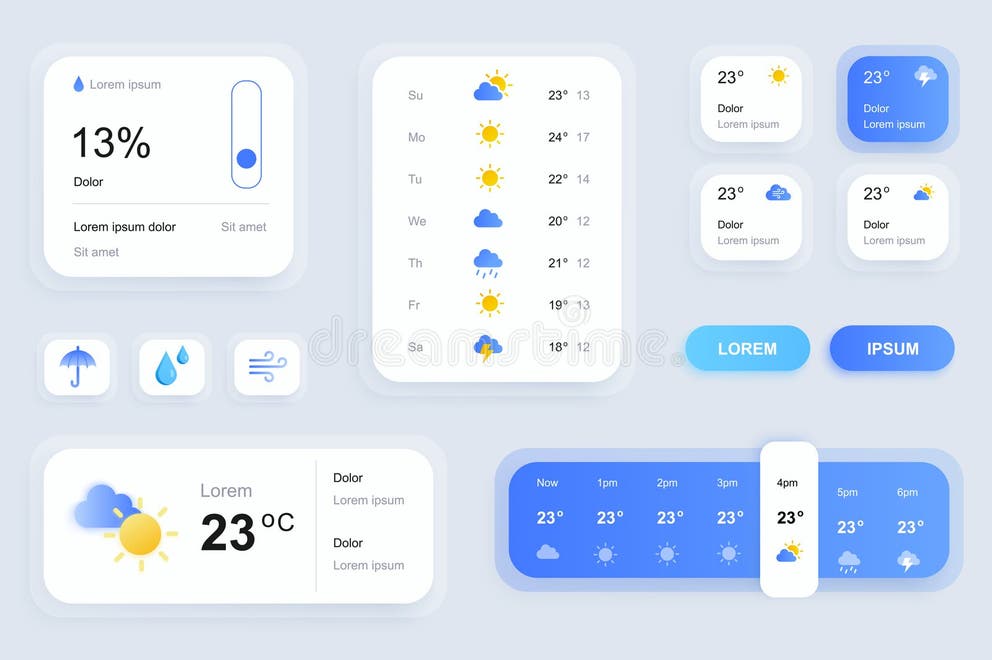 GUI Elements for Weather Forecast Mobile App. Temperature, Atmospheric Pressure, Weather ...