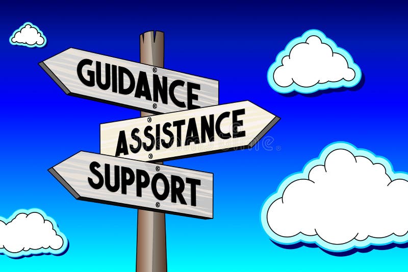 Guidance, Assistance, Support - Crossroads Sign with Three Arrows Stock ... Guidance, Assistance, Support - Crossroads Sign with Three Arrows Stock ...