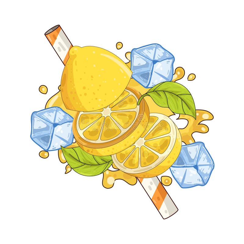 Lemon with Straw, Ice Cube, and Lemon Juice Splash Stock Vector ...