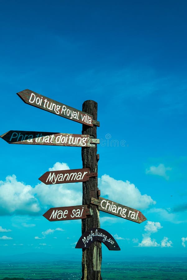 Guide Post at Doi Tung View Point Stock Photo - Image of environment ...