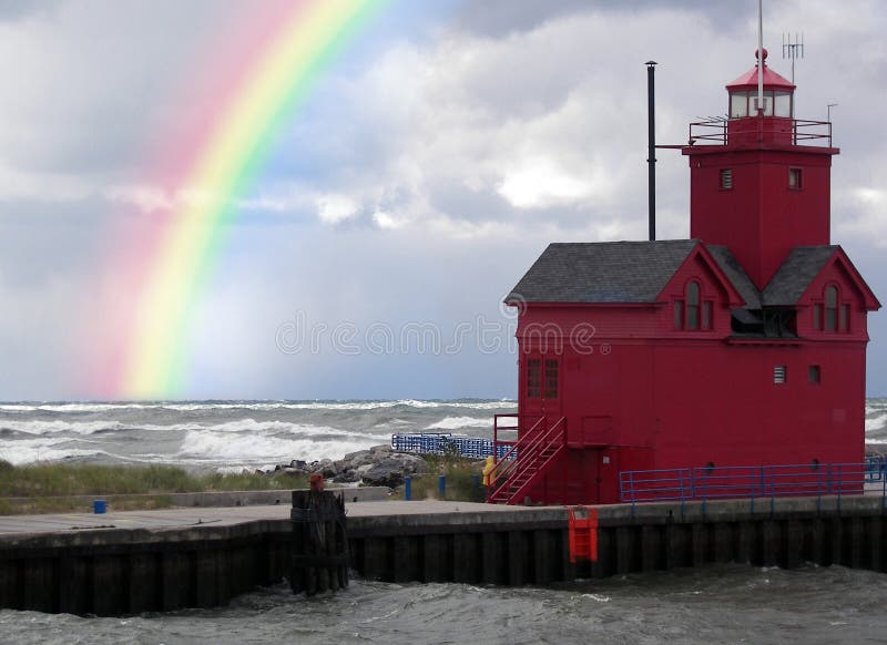 Red Lighthouse with Rainbow Stock Image - Image of harbor, cause: 4033701