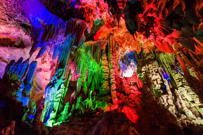 Guilin Silver Caves Light Up Stock Photo - Image of limestone, light ...