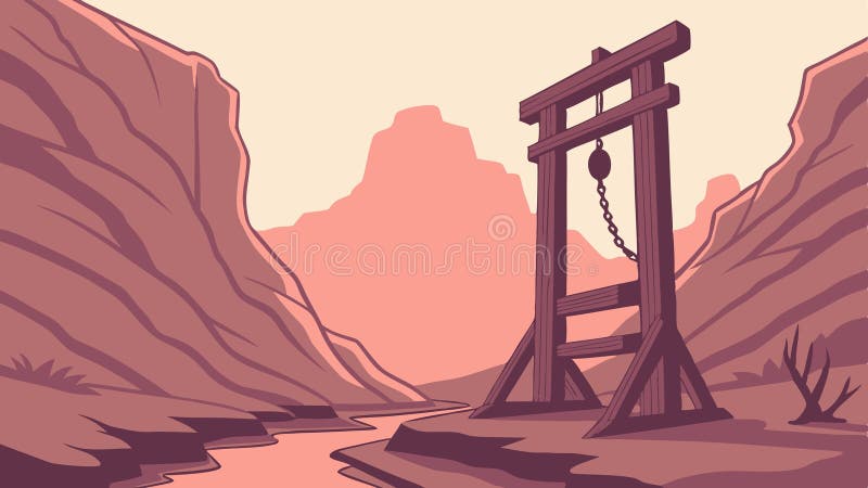 Guillotine Structure in Mountain Pass at Sunset, Stark View, Vector ...