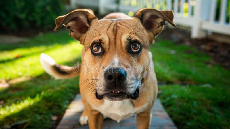 A Guilty Dog is Standing on a Brick Path in the Yard, AI Stock Image ...