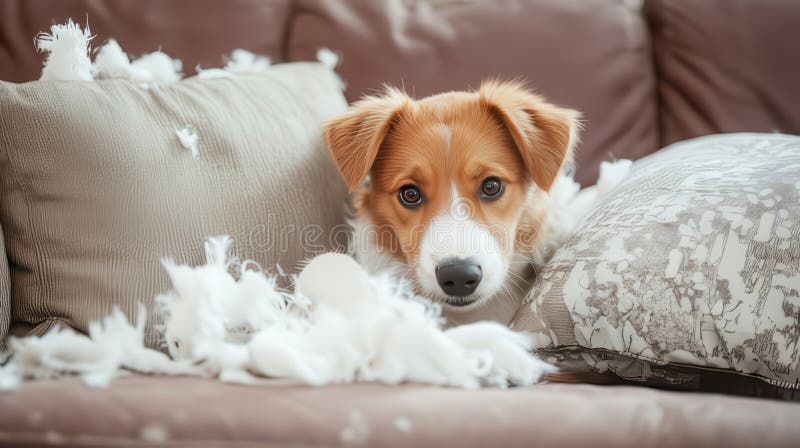 Guilty Puppy Hiding among Sofa Cushions after Mischief Stock Photo ...