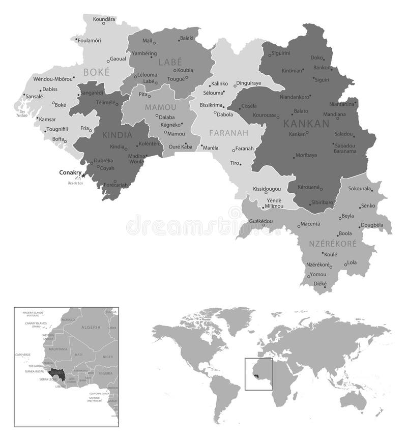 Guinea - Highly Detailed Black and White Map. Stock Vector ...