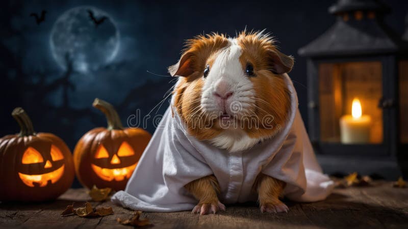 A Guinea Pig Dressed in a Ghost Costume beside Carved Pumpkins and a ...