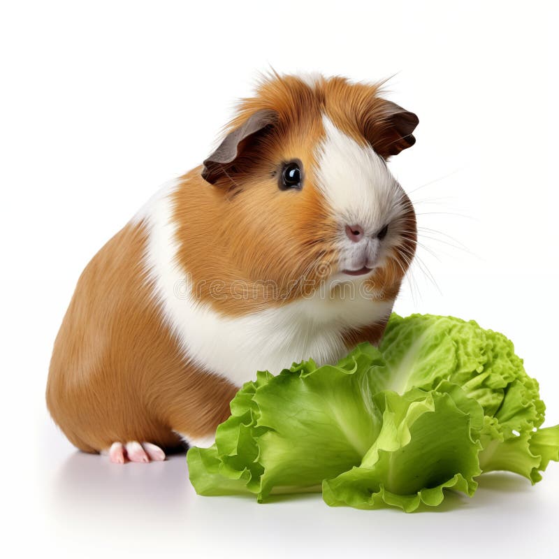 Guinea Pig Eating Fresh Lettuce on a White Background Stock ...