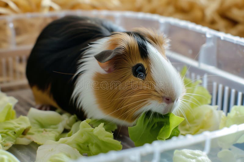 Guinea Pig Eating Lettuce in a Plasticbottomed Cage Stock Photo - Image ...