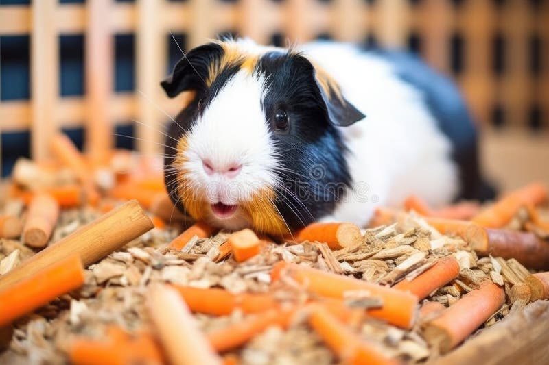 A Guinea Pig Nibbling on Carrots Inside Its Cage Stock Photo - Image of ...