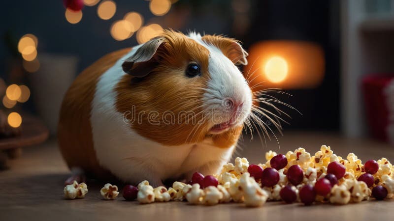 Adorable Guinea Pig Enjoying Popcorn and Cranberries by Fireplace Stock ...