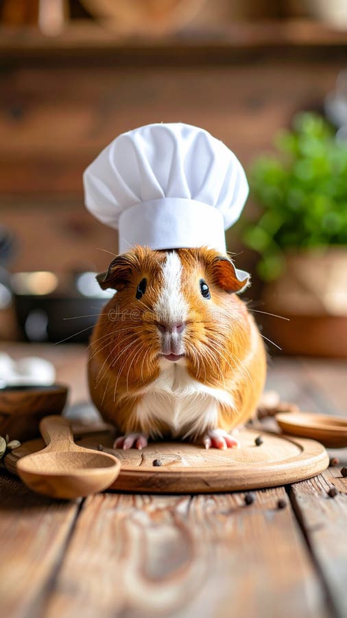 Guinea Pig in a Tiny Chef S Hat Surrounded by Mini Cooking Utensils on ...