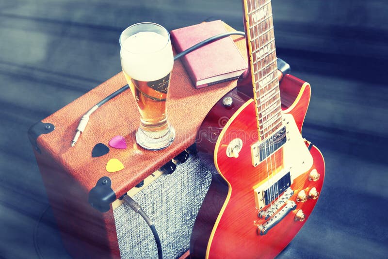 Guitar Combo Amplifier with Black Electric Guitar, Glass of Beer and ...