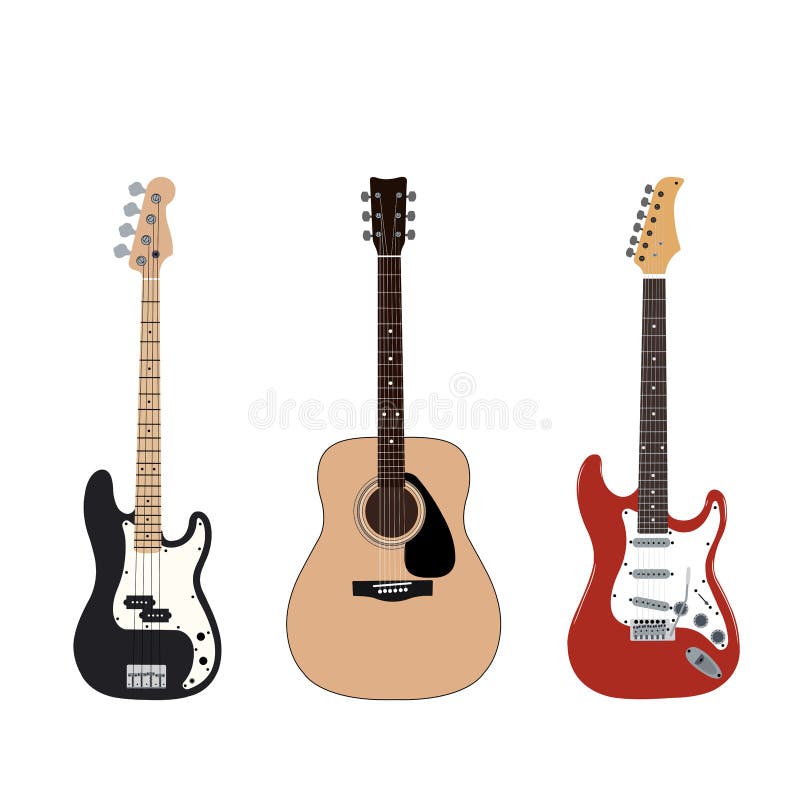 Guitar Set. Bass Guitar, Acoustic Guitar and Electric Guitar on a White ...