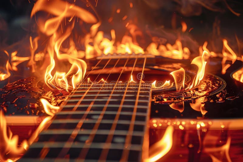 Guitar on Fire Isolated on Black Background. Stock Illustration ...
