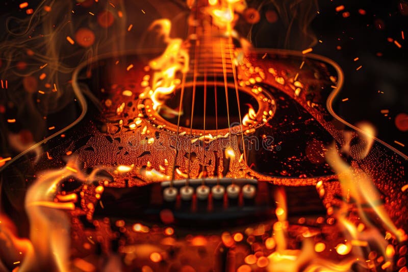 Guitar on Fire Isolated on Black Background. Stock Image - Image of ...