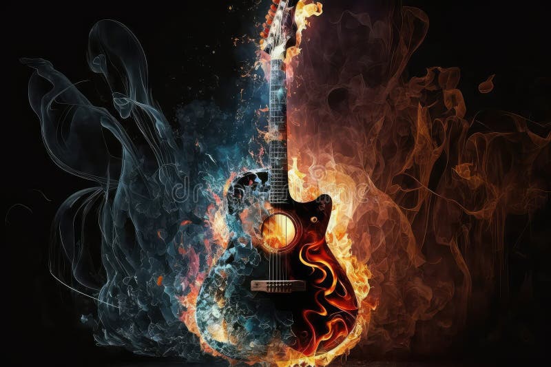 Guitar in Fire and Smoke on Black Background. Generative AI Stock ...