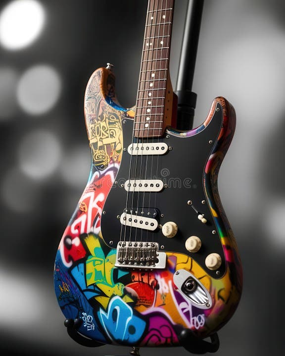 Guitar with graffiti on it stock photo. Image of string - 393041160