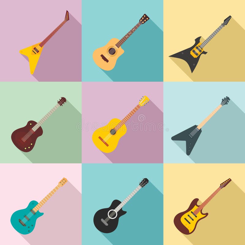 Guitar Icons Set, Flat Style Stock Vector - Illustration of gibson ...