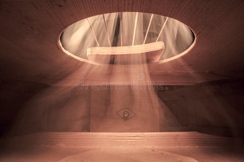 Guitar from Inside with Strings. Interior of Acoustic Guitar Stock ...