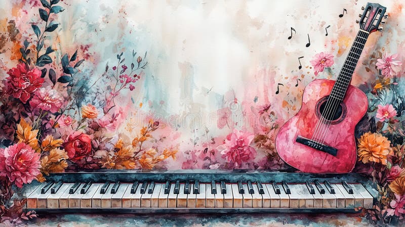 AI Generated. Guitar and Keyboard with Floral and Music Notes Stock ...