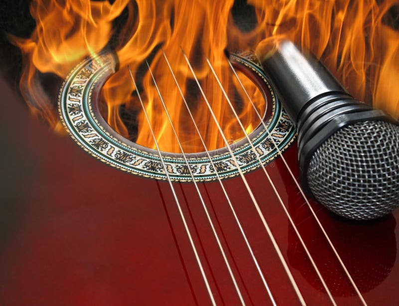 Guitar and Microphone Burning in the Fire Stock Image - Image of audio ...