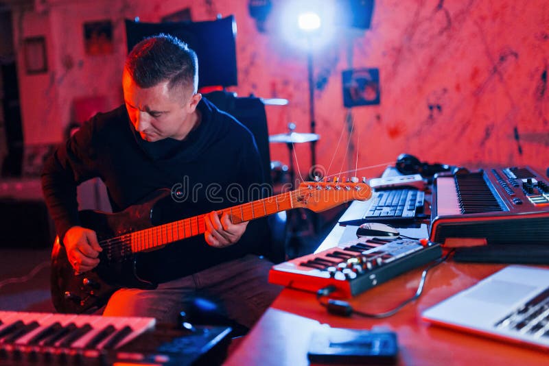 Guitar Player Have Recording Session Indoors in the Studio Stock Image ...