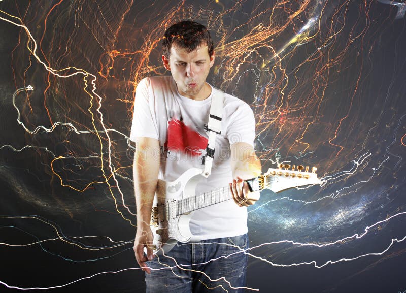 Guitar Player with White Electric Guitar Stock Photo - Image of ...