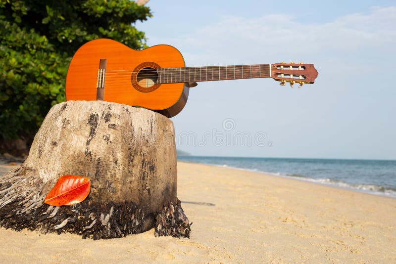 Guitar on the Sand Beach stock photo. Image of rare, resort - 65967114