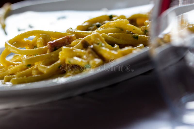 Guitar Spaghetti with Bacon Stock Photo - Image of typical, plate ...