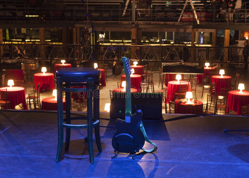 Guitar on Stage before Concert Stock Photo - Image of microphone, event ...