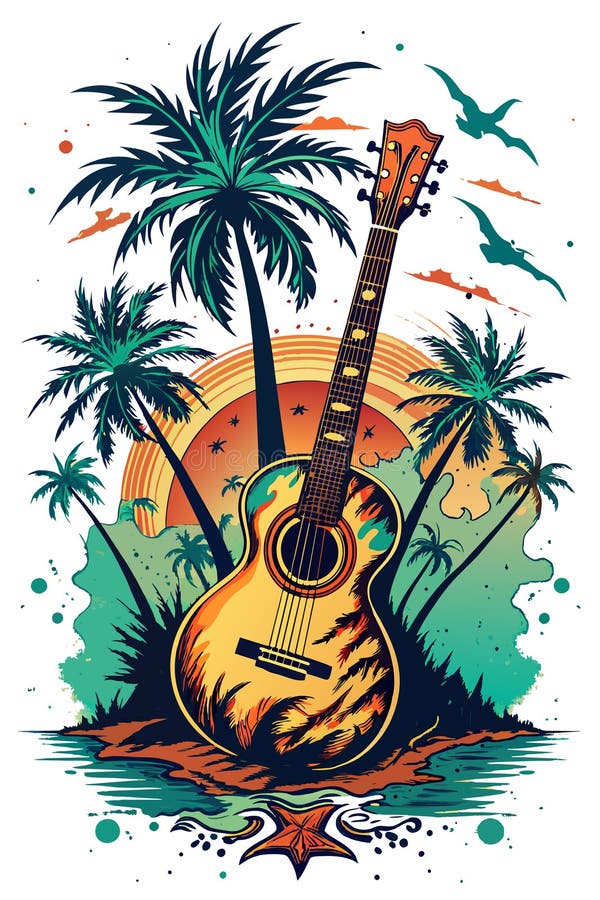A Guitar with a Sunsetting Beach Scene Inside it Emerges from Splashing ...