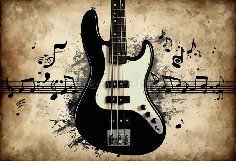 The Guitar is Surrounded by a Pattern of Musical Notes Stock ...