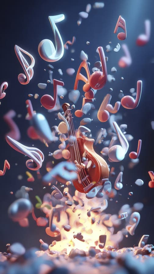 Guitar Surrounded by Surreal Floating Music Notes Stock Illustration ...