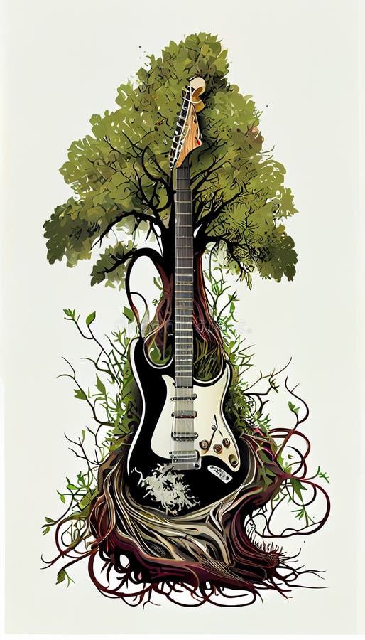Guitar with tree and roots stock illustration. Illustration of musical ...