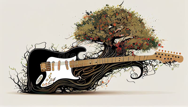 Guitar with tree and roots stock image. Image of idea - 274638577