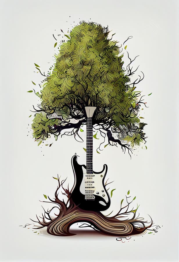 Guitar with tree and roots stock illustration. Illustration of guitar ...