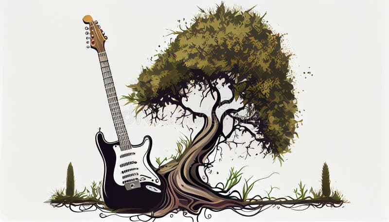 Guitar with tree and roots stock illustration. Illustration of audio ...