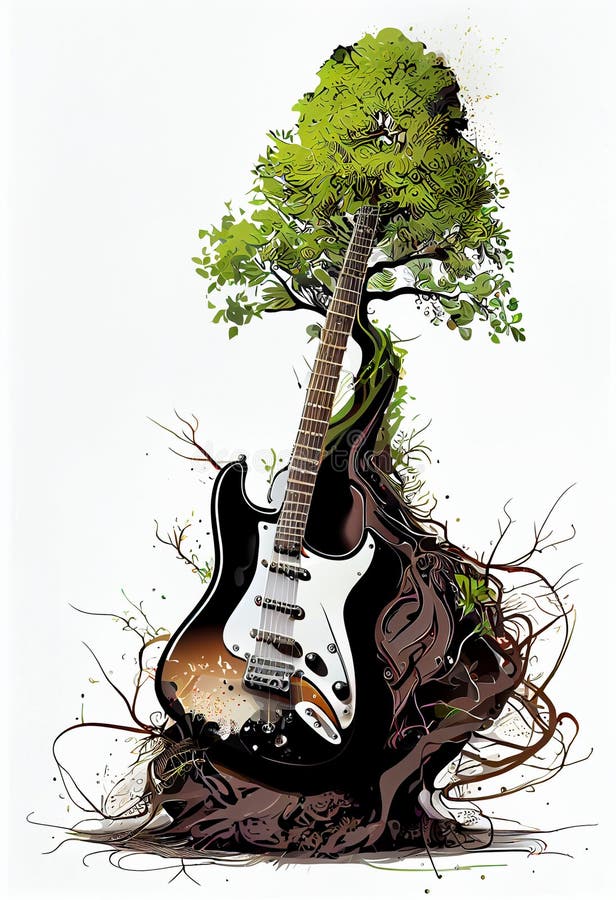 Guitar with tree and roots stock illustration. Illustration of rock ...