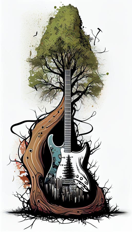 Guitar with tree and roots stock illustration. Illustration of fest ...
