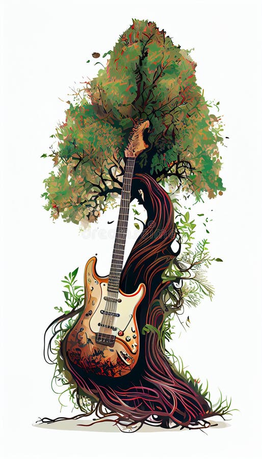 Guitar with tree and roots stock illustration. Illustration of design ...
