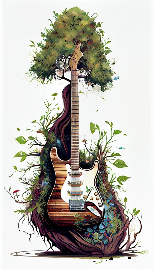 Guitar with tree and roots stock photo. Image of play - 274613684
