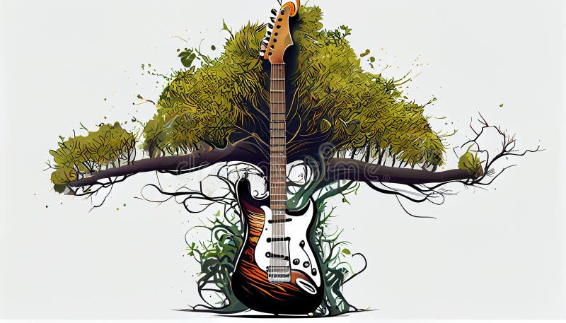 Guitar with tree and roots stock image. Image of concert - 274613695